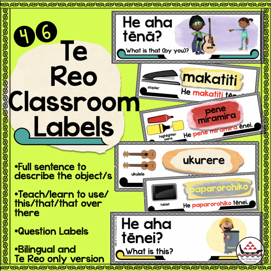 46 Te Reo CLASSROOM LABELS (with sentences) - The Te Reo Māori Classroom
